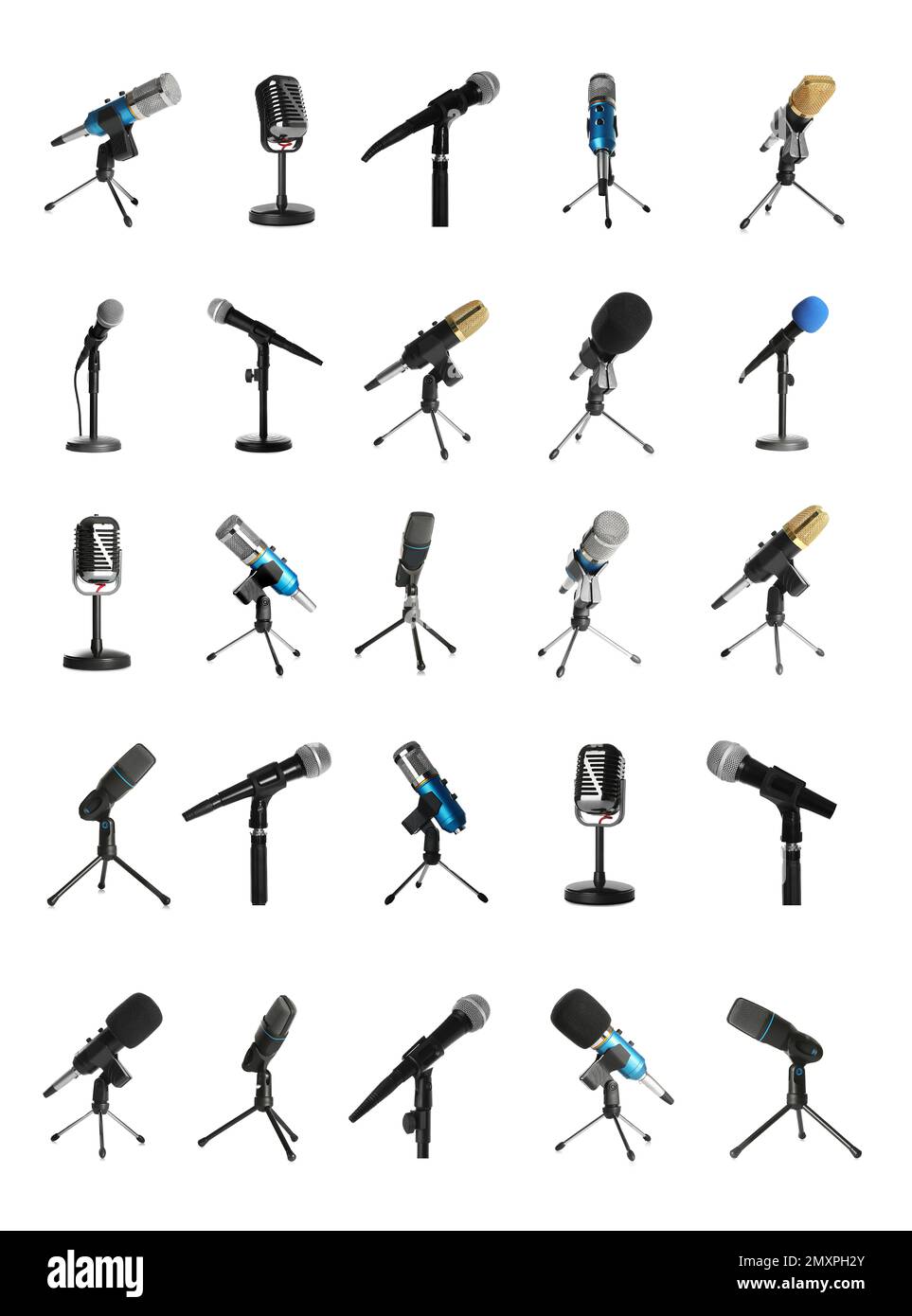 Set of different microphones on white background Stock Photo - Alamy