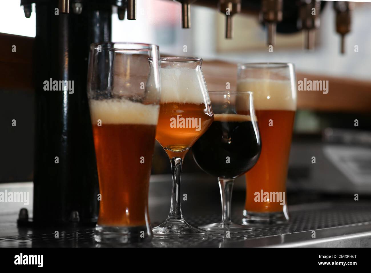 Different beers in glasses on bar counter Stock Photo - Alamy