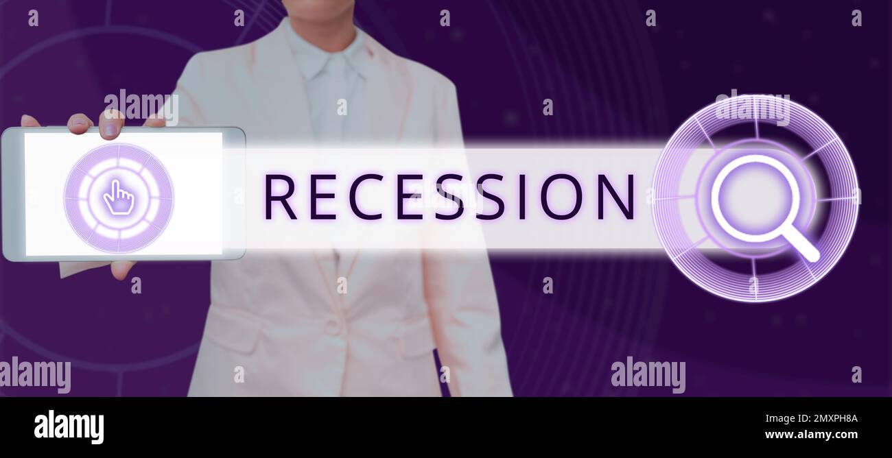 Writing displaying text Recession. Business showcase the process of progressive decrease in ...