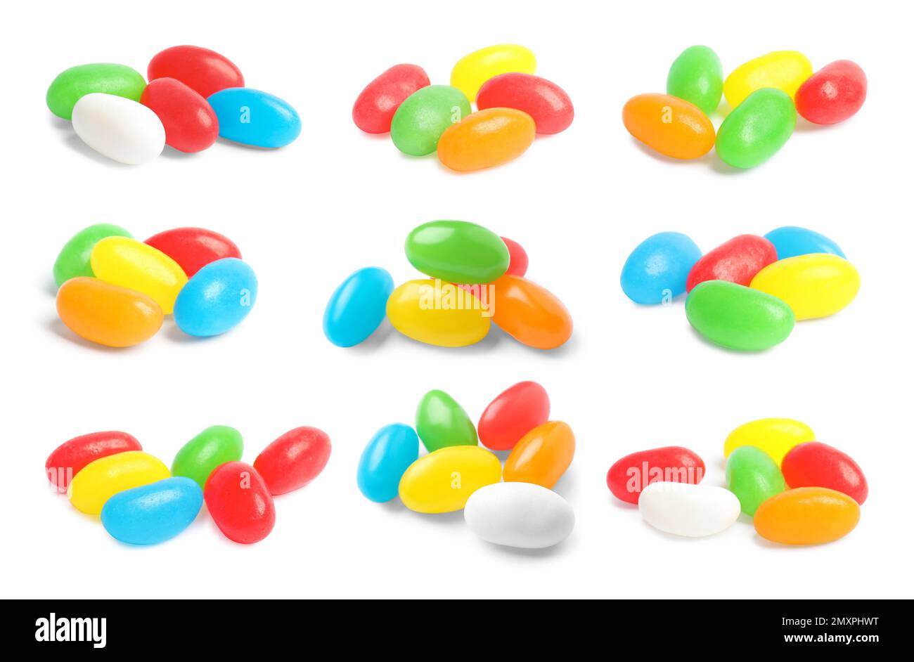 Set with delicious color jelly beans on white background Stock Photo ...