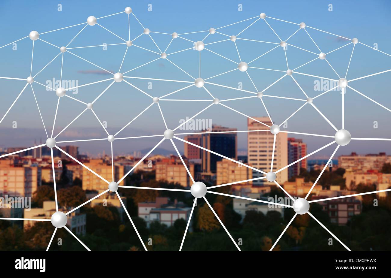 Machine learning concept. Digital web over blurred cityscape Stock ...