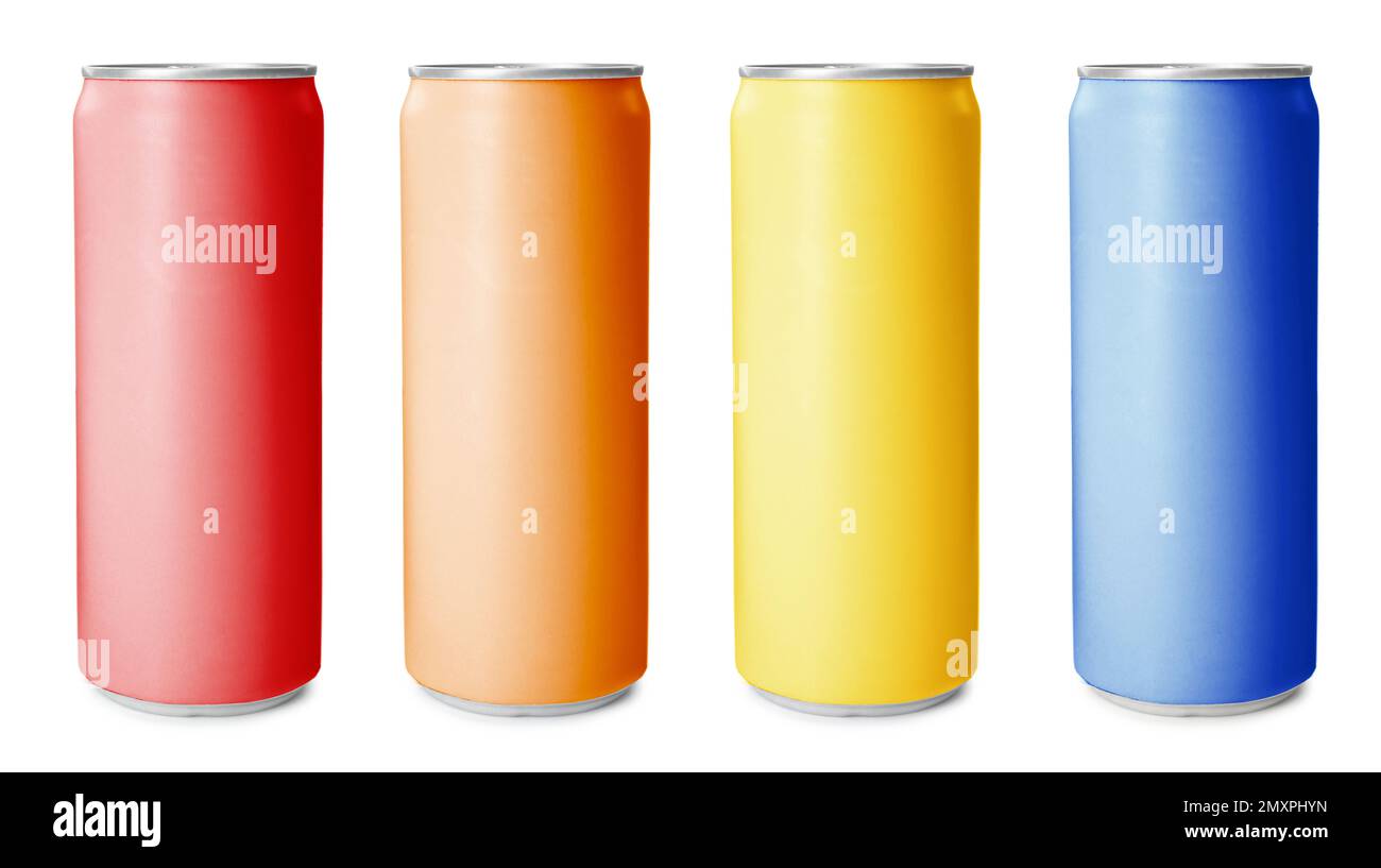 Set with aluminium drink cans in different colors on white background ...