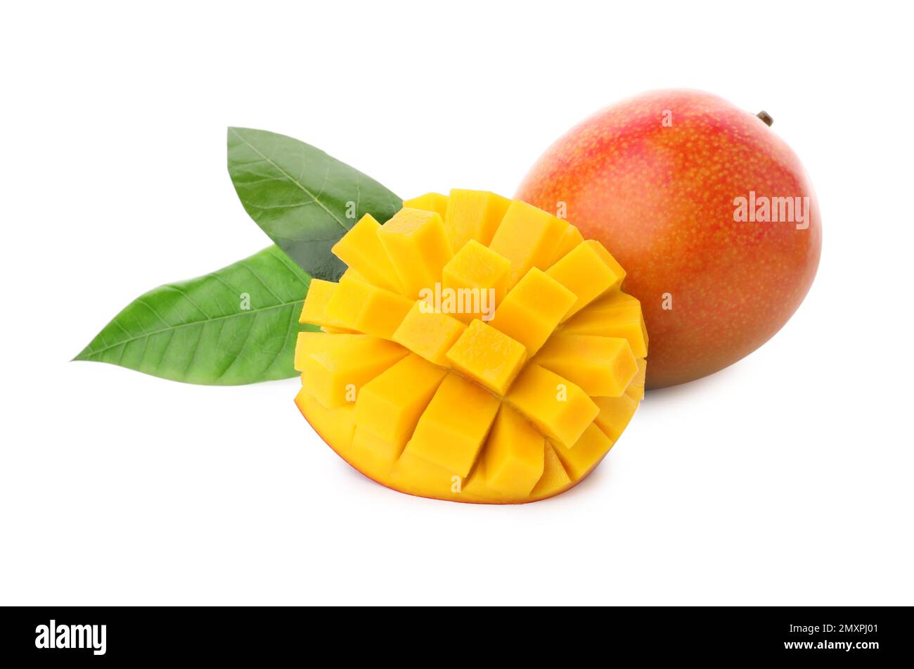 Whole and cut ripe mangoes isolated on white. Exotic fruit Stock Photo ...