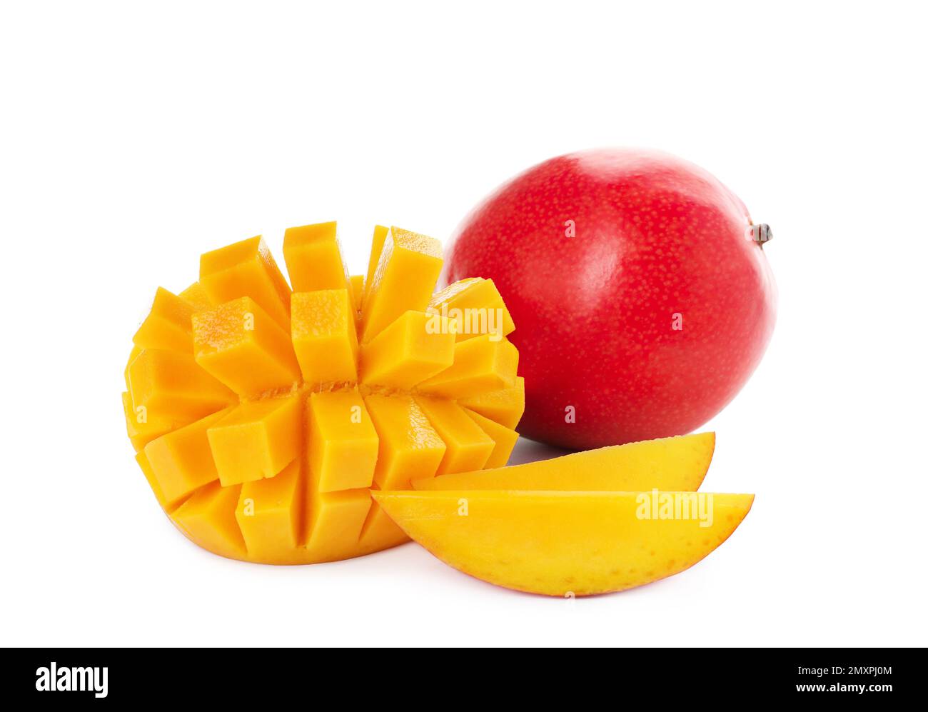 Whole and cut ripe mangoes isolated on white. Exotic fruit Stock Photo ...