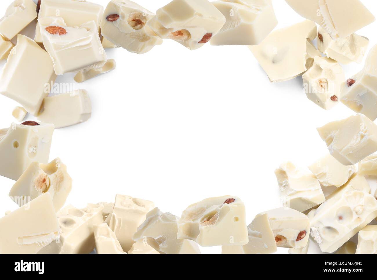 Frame made of delicious chocolate chunks on white background. Space for ...