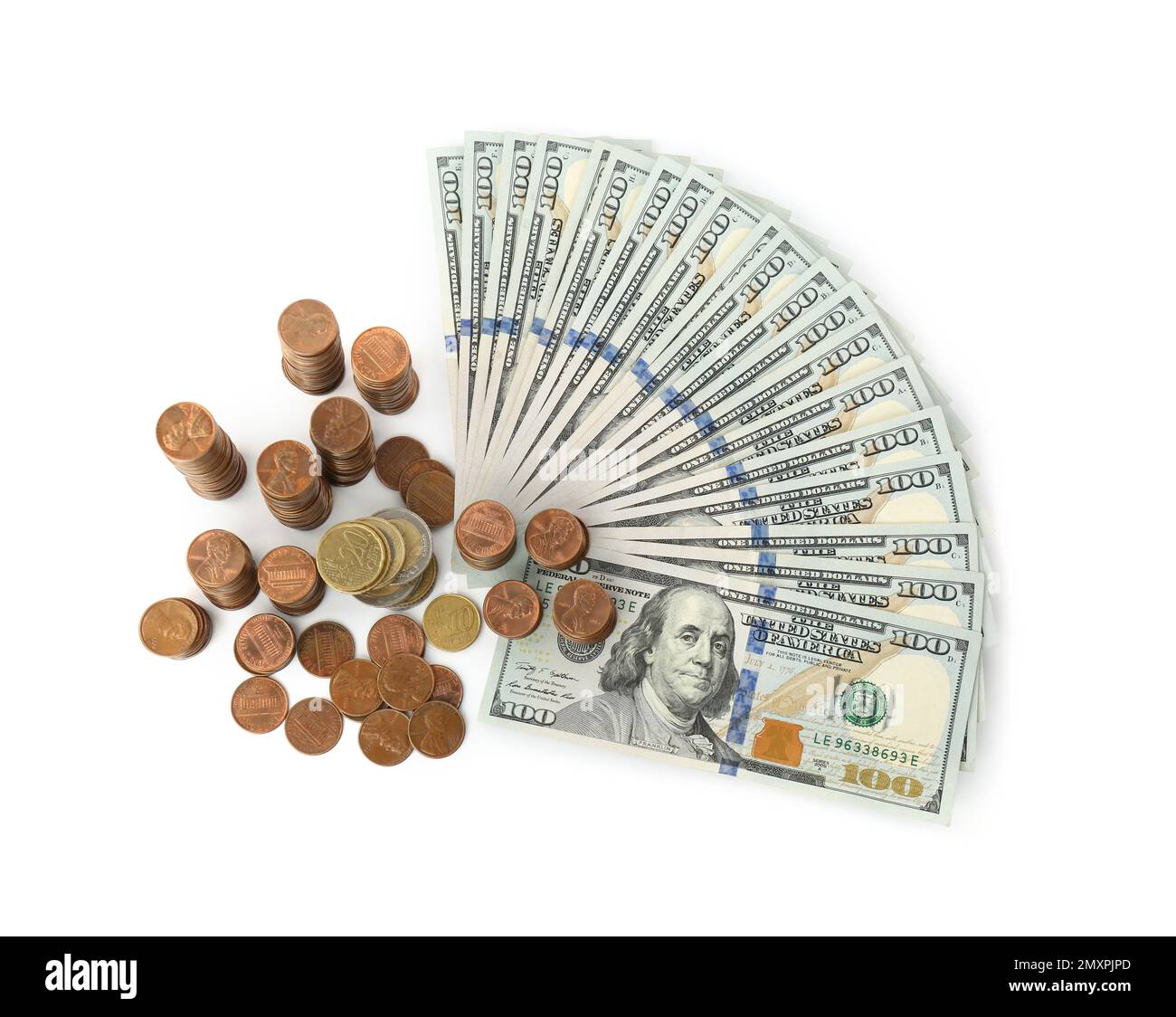 Dollar bills and coins isolated on white, top view Stock Photo - Alamy
