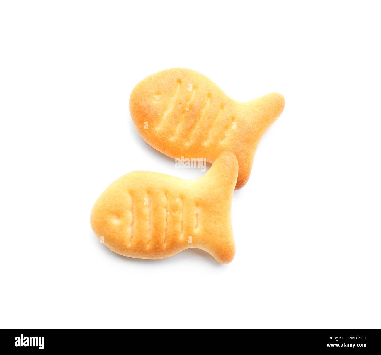 Delicious crispy goldfish crackers on white background, top view Stock ...