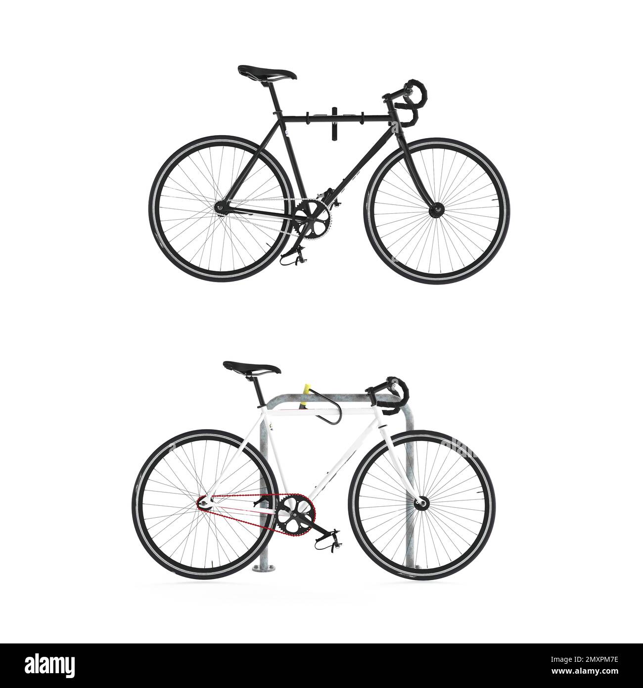 A 3D rendering of a two bicycles on white background, the one is tied ...