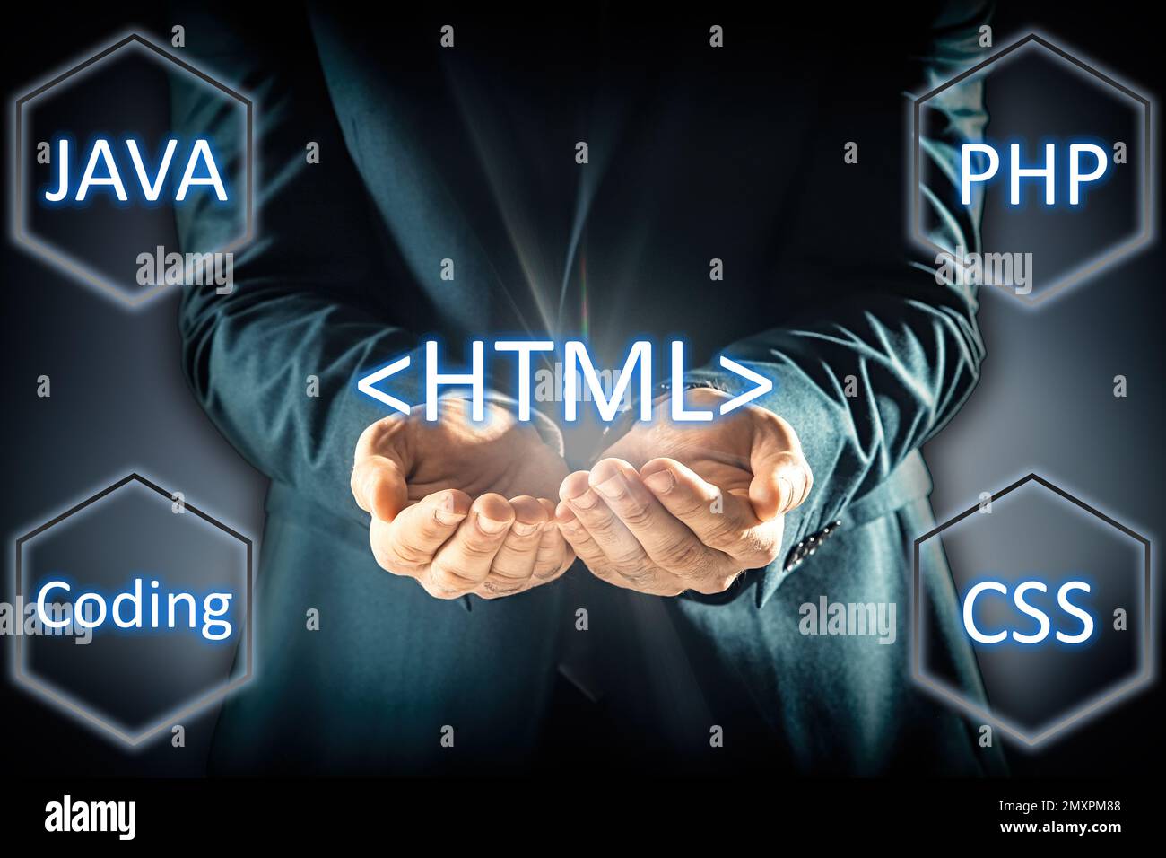 Web development. Man and virtual screen with digital buttons, closeup ...