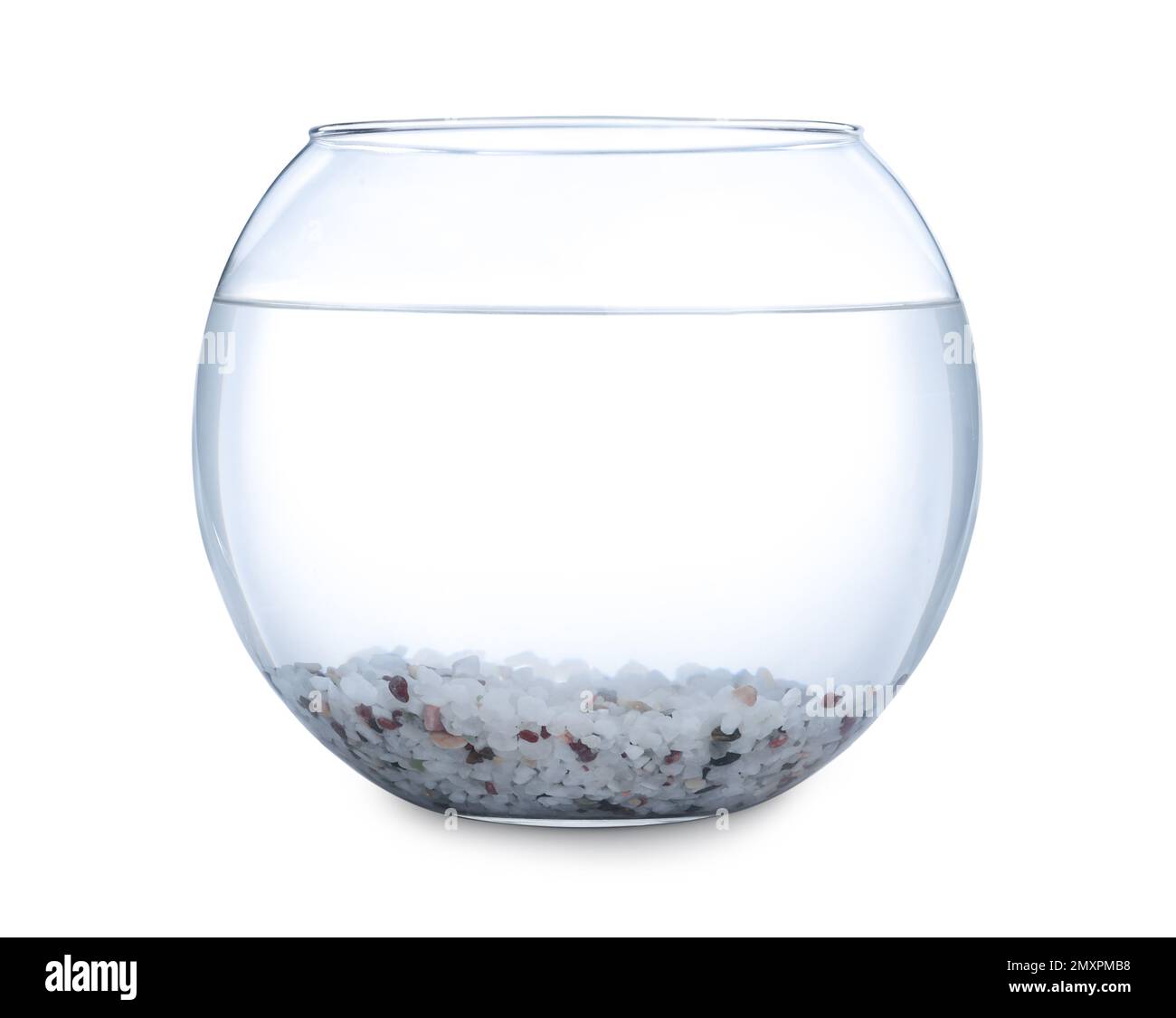 Glass fish bowl with clear water and decorative pebble isolated on ...