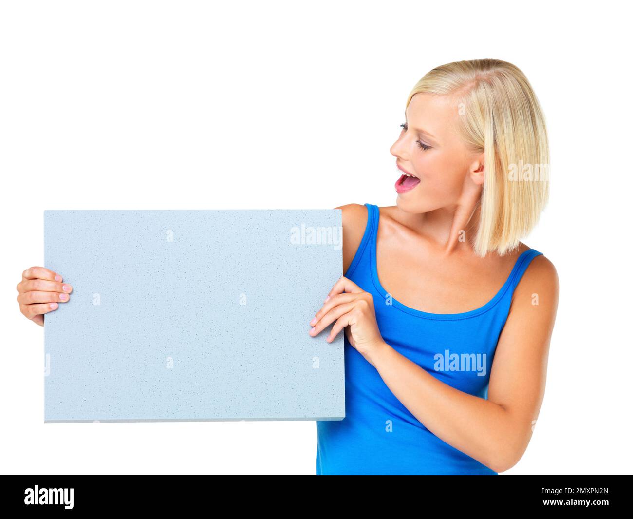 Mockup, sale and woman looking at poster advertising, marketing and ...