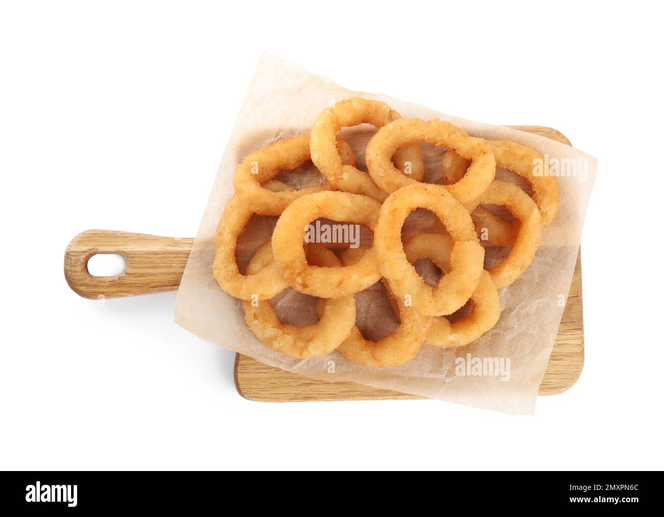 Delicious onion rings isolated on white, top view Stock Photo - Alamy