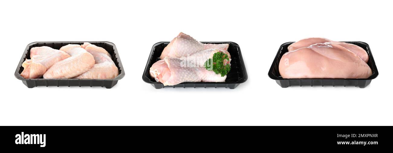 Set of plastic containers with raw meat on white background, banner ...