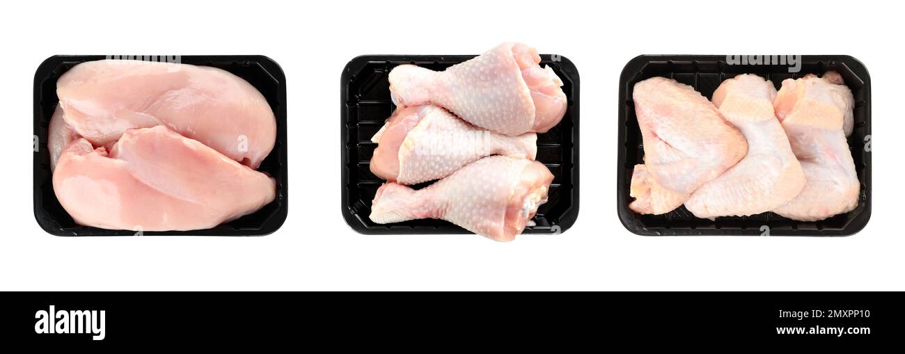 Set of plastic containers with raw meat on white background, top view ...