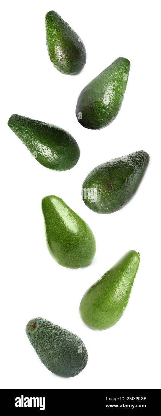 Fresh ripe avocados falling on white background Stock Photo - Alamy