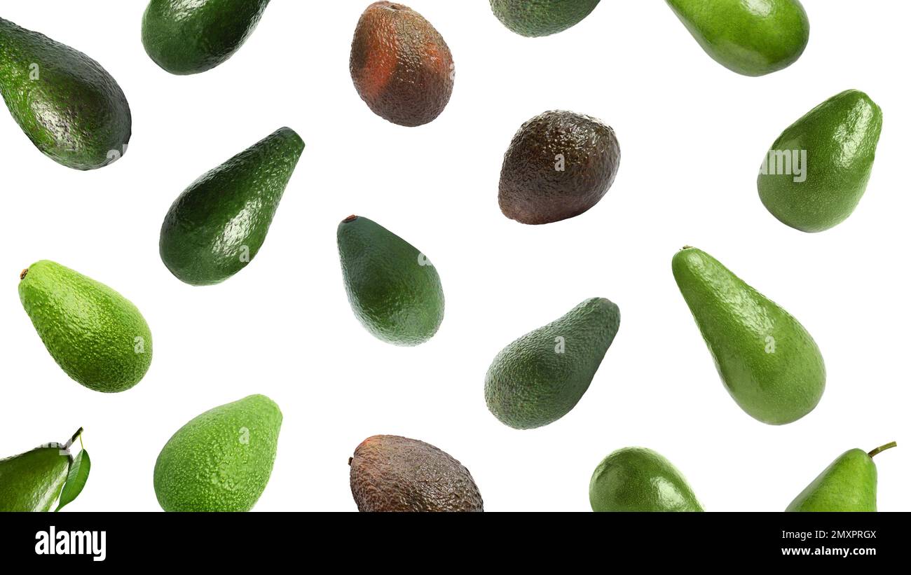 Fresh ripe avocados falling on white background, banner design Stock ...