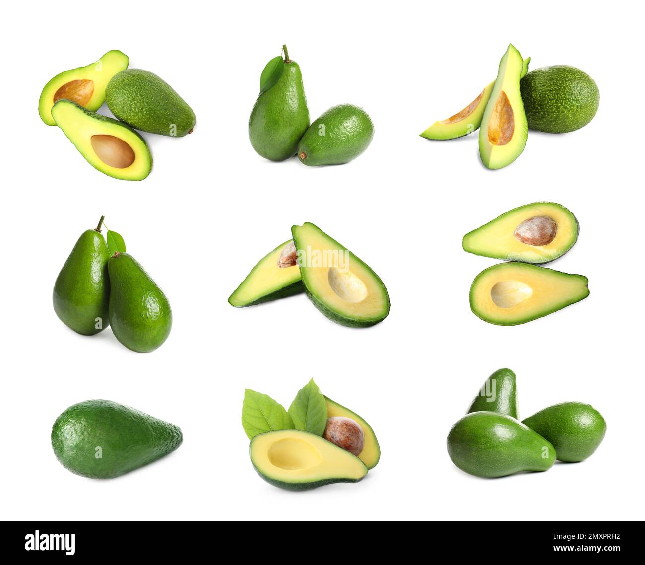 Set of cut and whole avocados on white background Stock Photo - Alamy