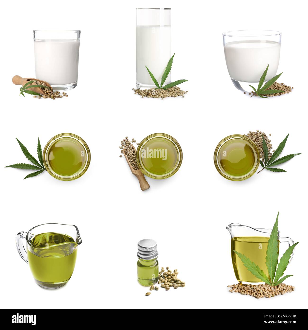 Set with different hemp products on white background Stock Photo - Alamy