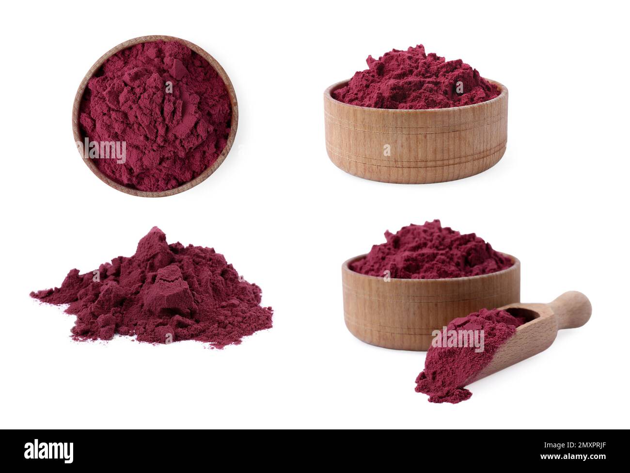 Collage with acai powder on white background Stock Photo - Alamy