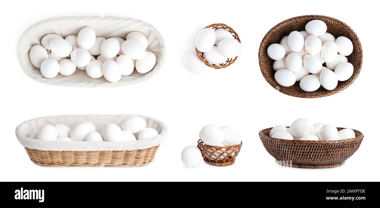 Set of fresh eggs on white background, banner design Stock Photo - Alamy