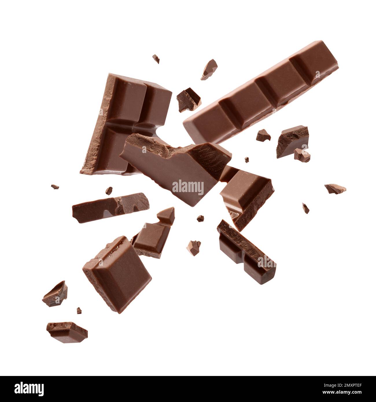 Milk chocolate explosion, pieces shattering on white background Stock ...