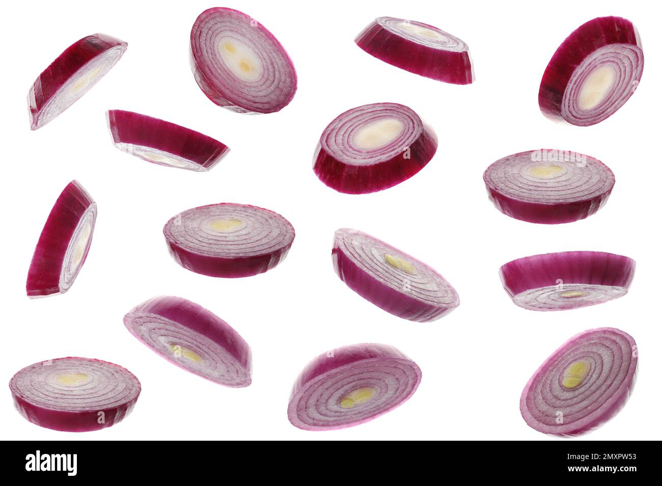 Red onion slices flying on white background Stock Photo - Alamy