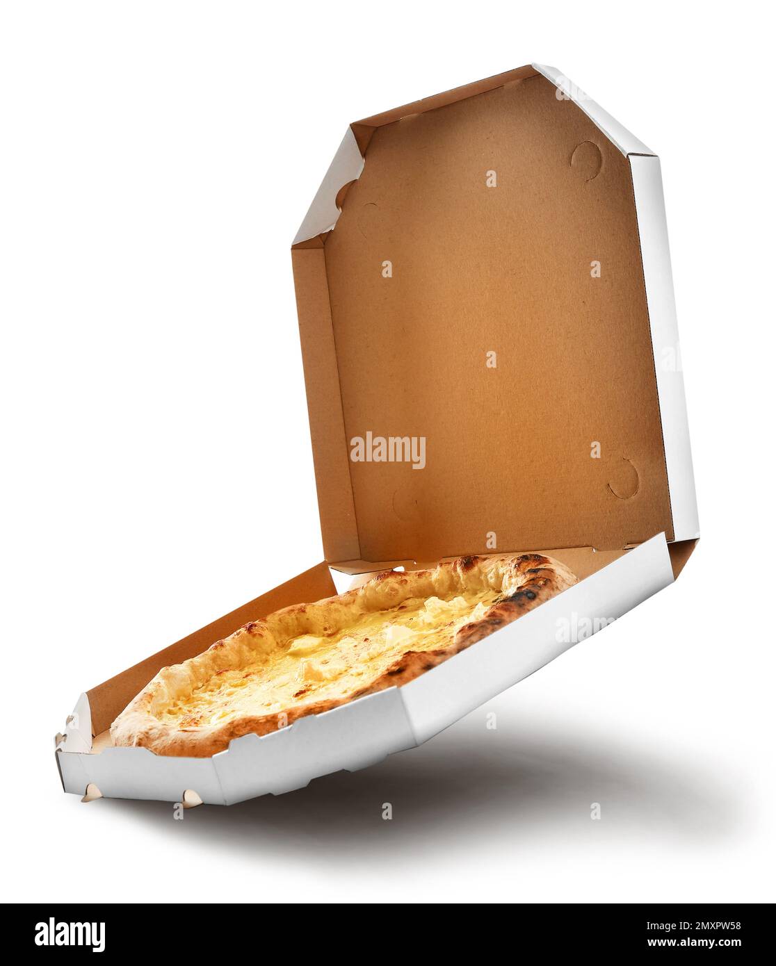 Hot tasty cheese pizza in cardboard box on white background. Image for ...