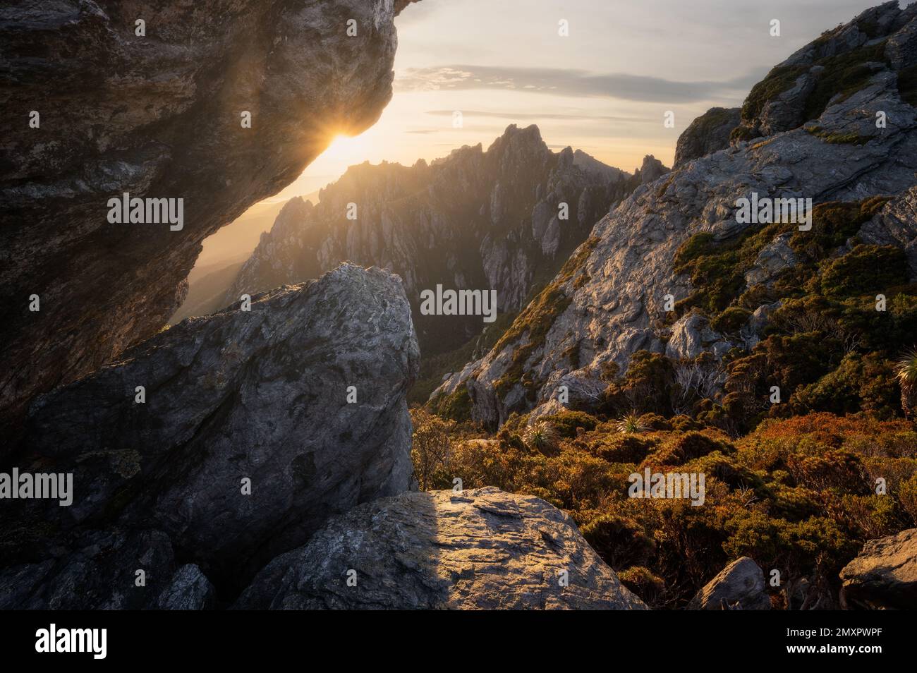 Sunrise looking toward mount Hayes on Tasmania's Western Arthur ...