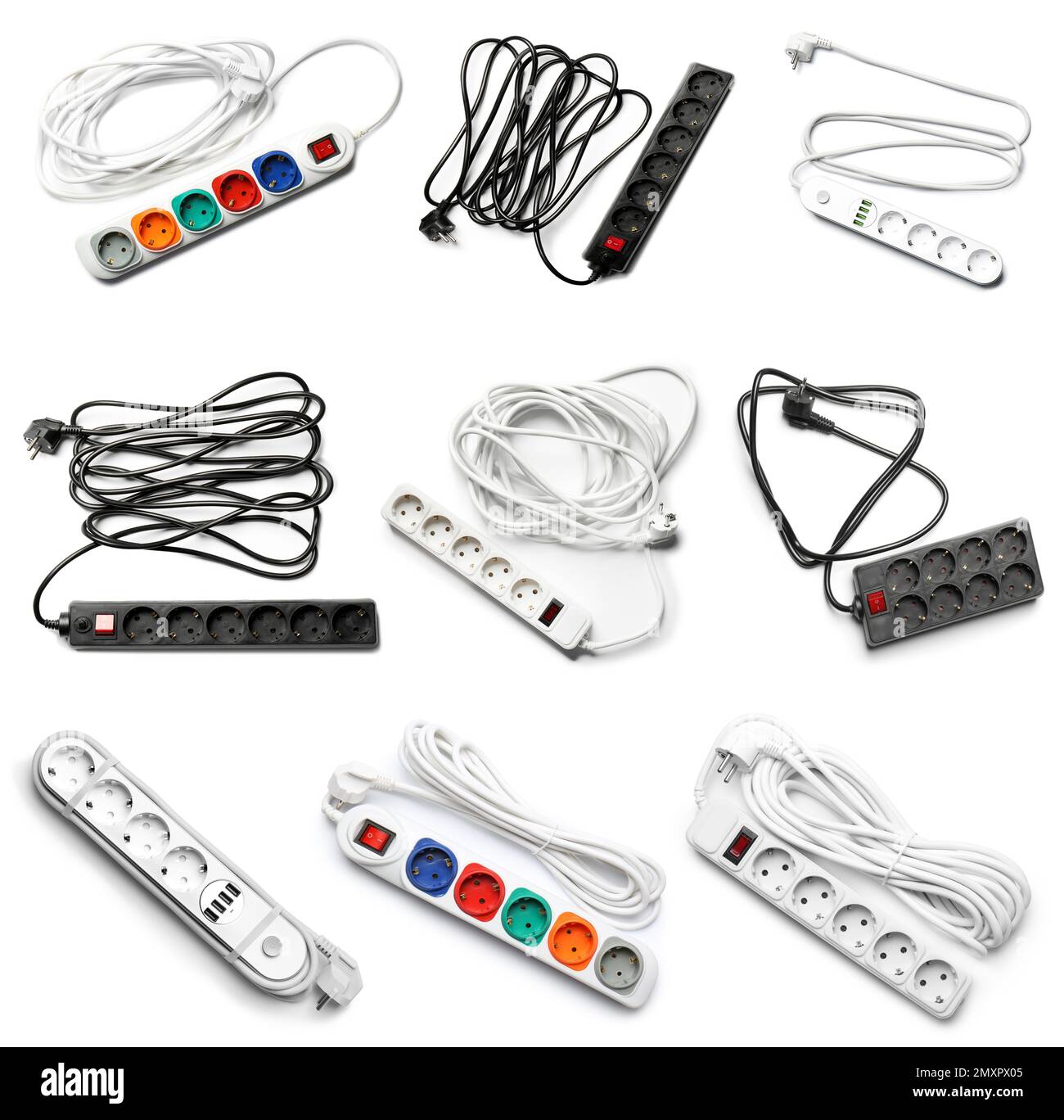 Set of different power boards on white background, top view ...