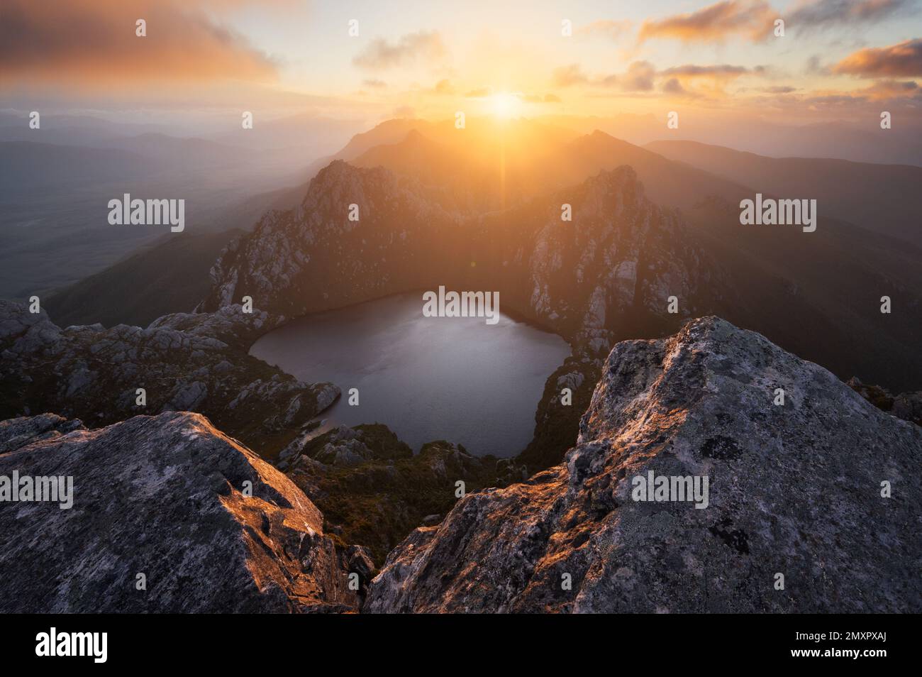 Sunrise looking toward mount Hayes on Tasmania's Western Arthur ...