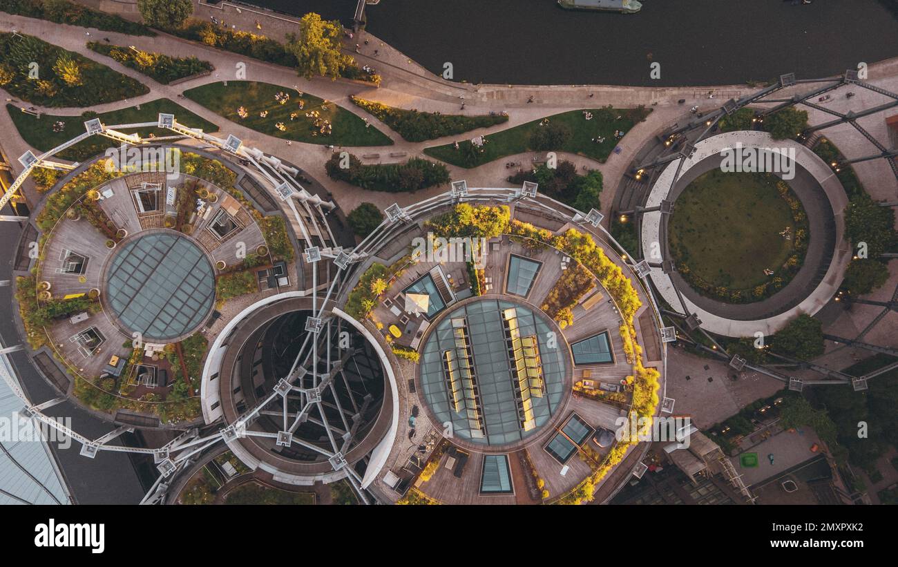 An aerial top view of the Gasholder Park in London, UK Stock Photo - Alamy