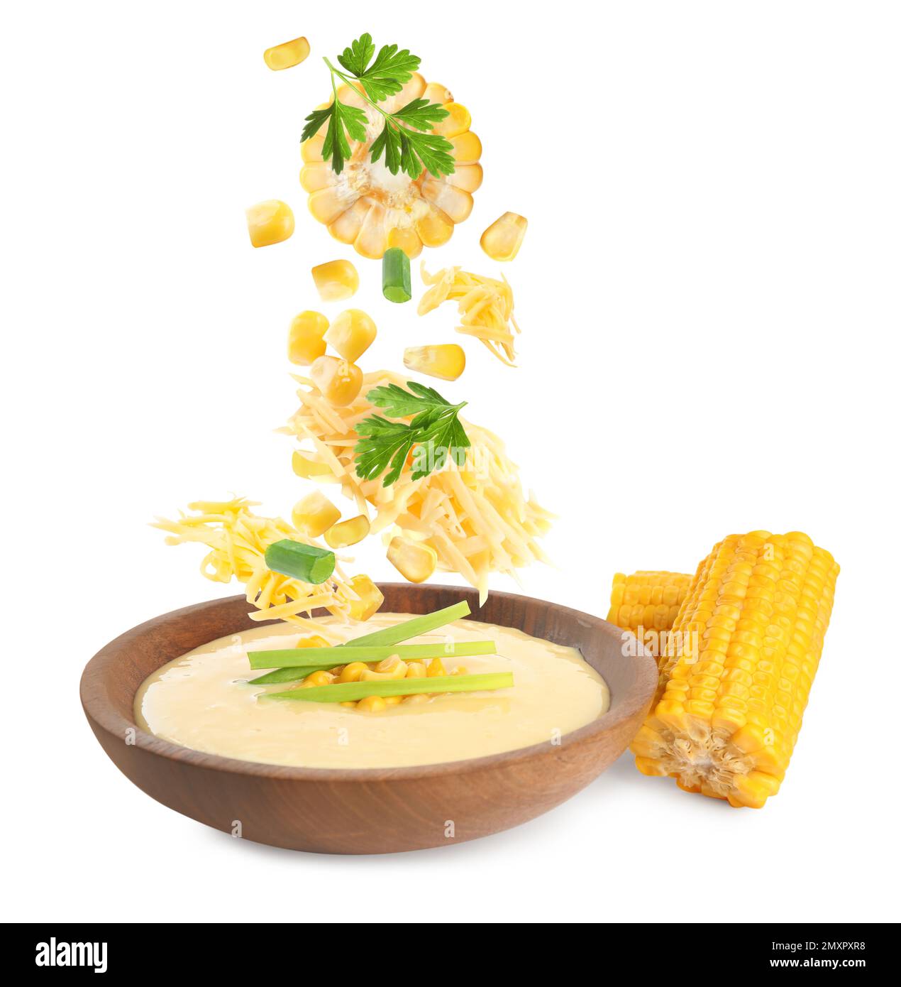 Collage with ingredients falling into bowl of corn soup on white ...
