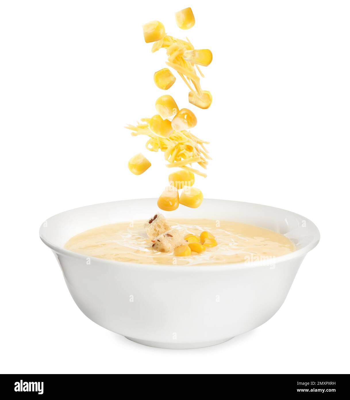 Collage with ingredients falling into bowl of corn soup on white ...