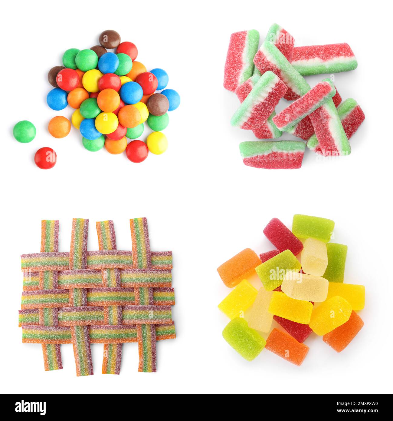 Set of delicious candies on white background, top view Stock Photo - Alamy