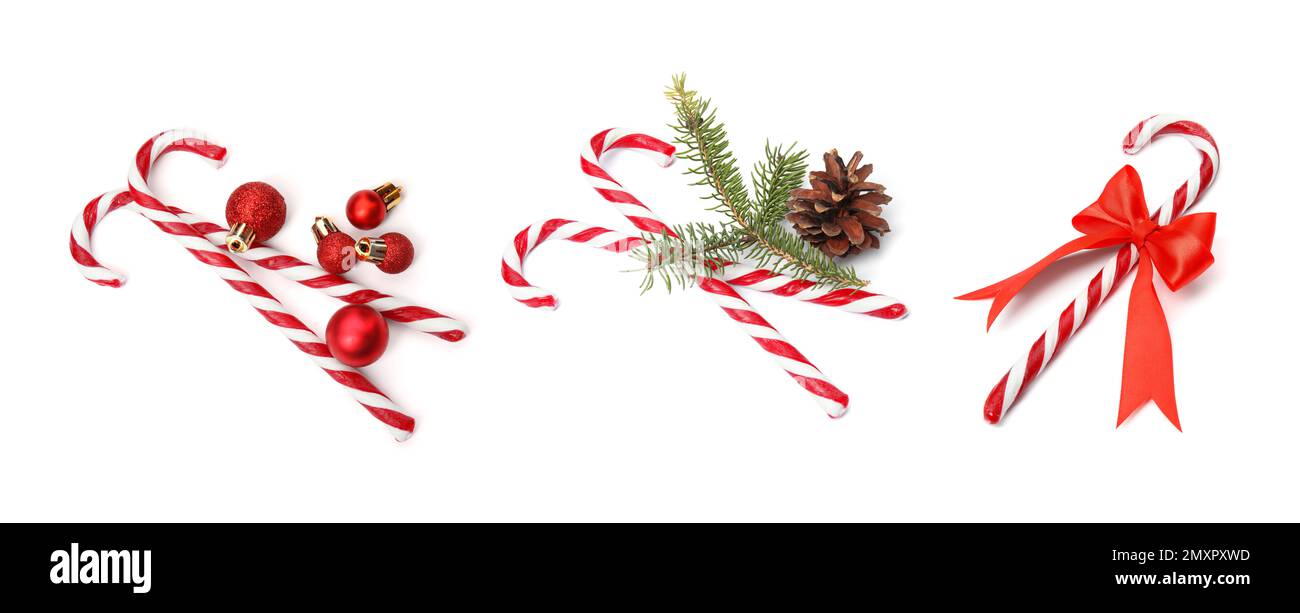 Set of tasty Christmas candy canes on white background. Banner design ...