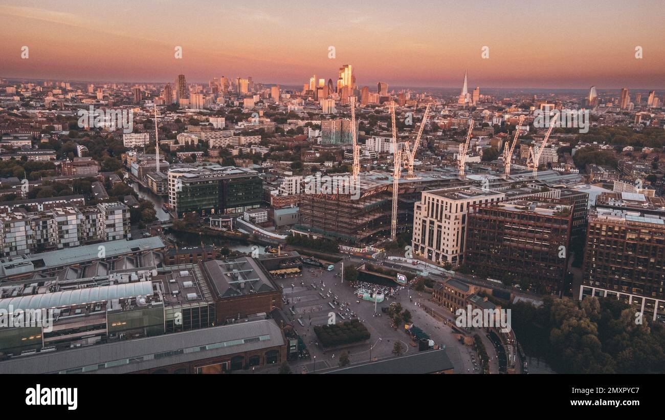 An aerial view of the Kings Cross under a cinematic sunset sky Stock ...