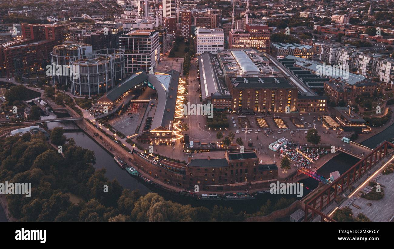 An aerial view of a cinematic sunset over King's Cross in Granary ...