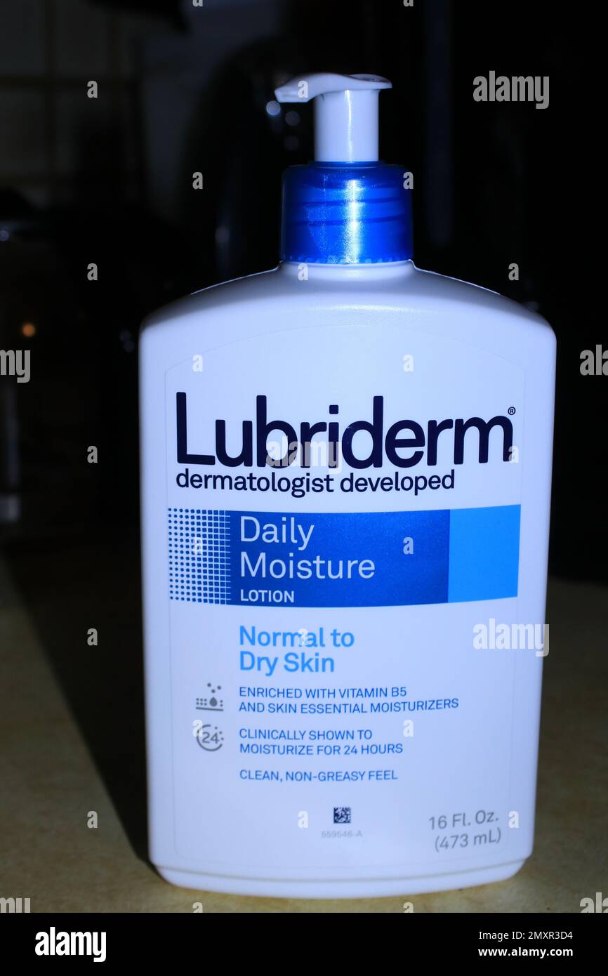 Lubriderm lotion shot closeup in a bottle on a shelf Stock Photo - Alamy