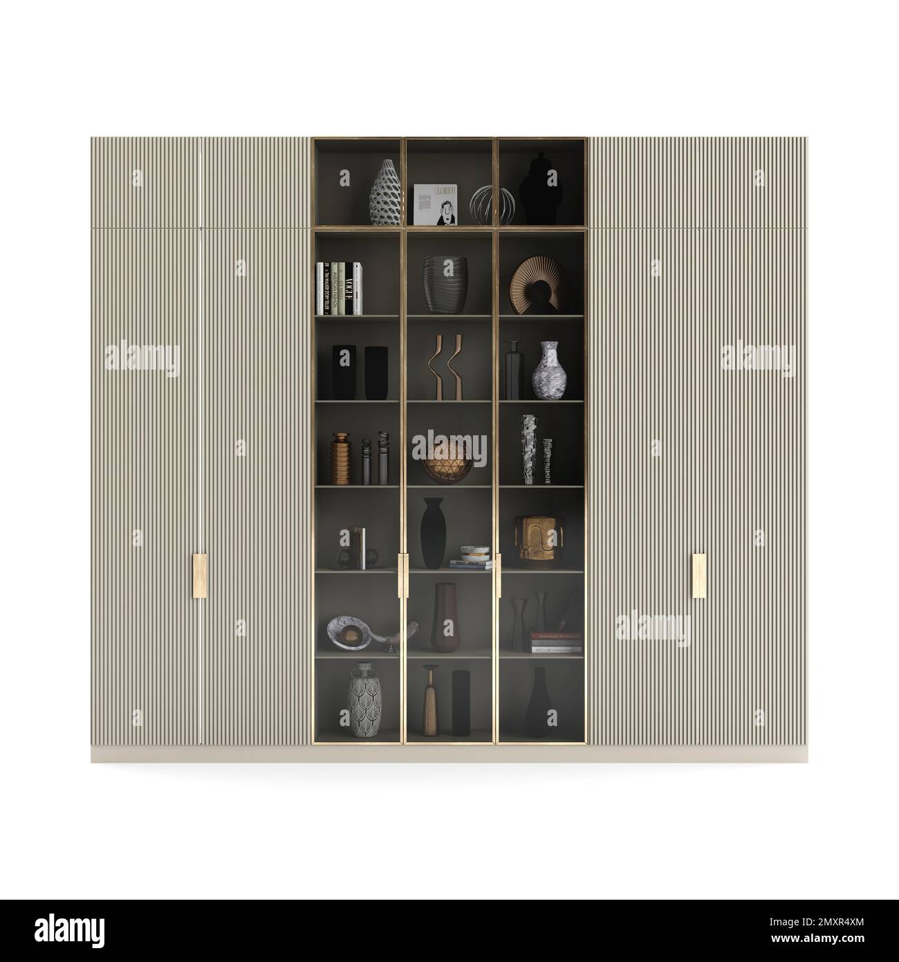 A 3D rendering of a modern cabinet with bookshelves, vases, and other ...