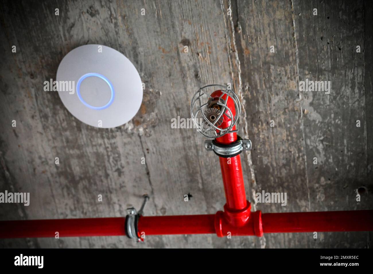 A detail of a rustic ceiling with red pipes and a fire alarm Stock ...