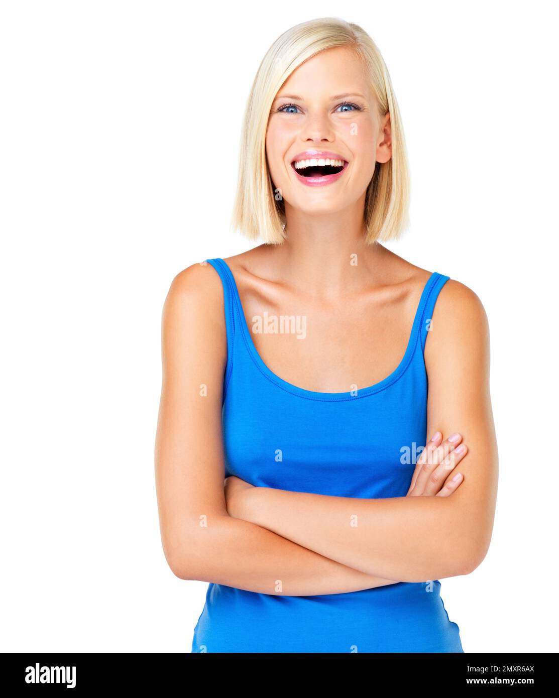 Portrait, laugh and happy woman in studio, normal and relax on mockup ...