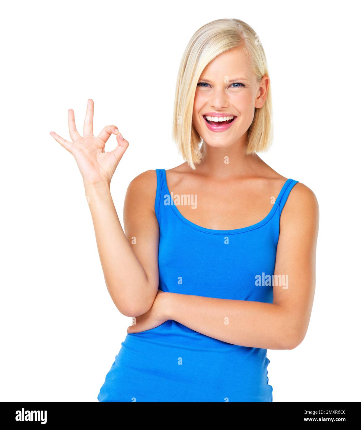 Happy woman, portrait smile and OK sign for perfection, approval or ...