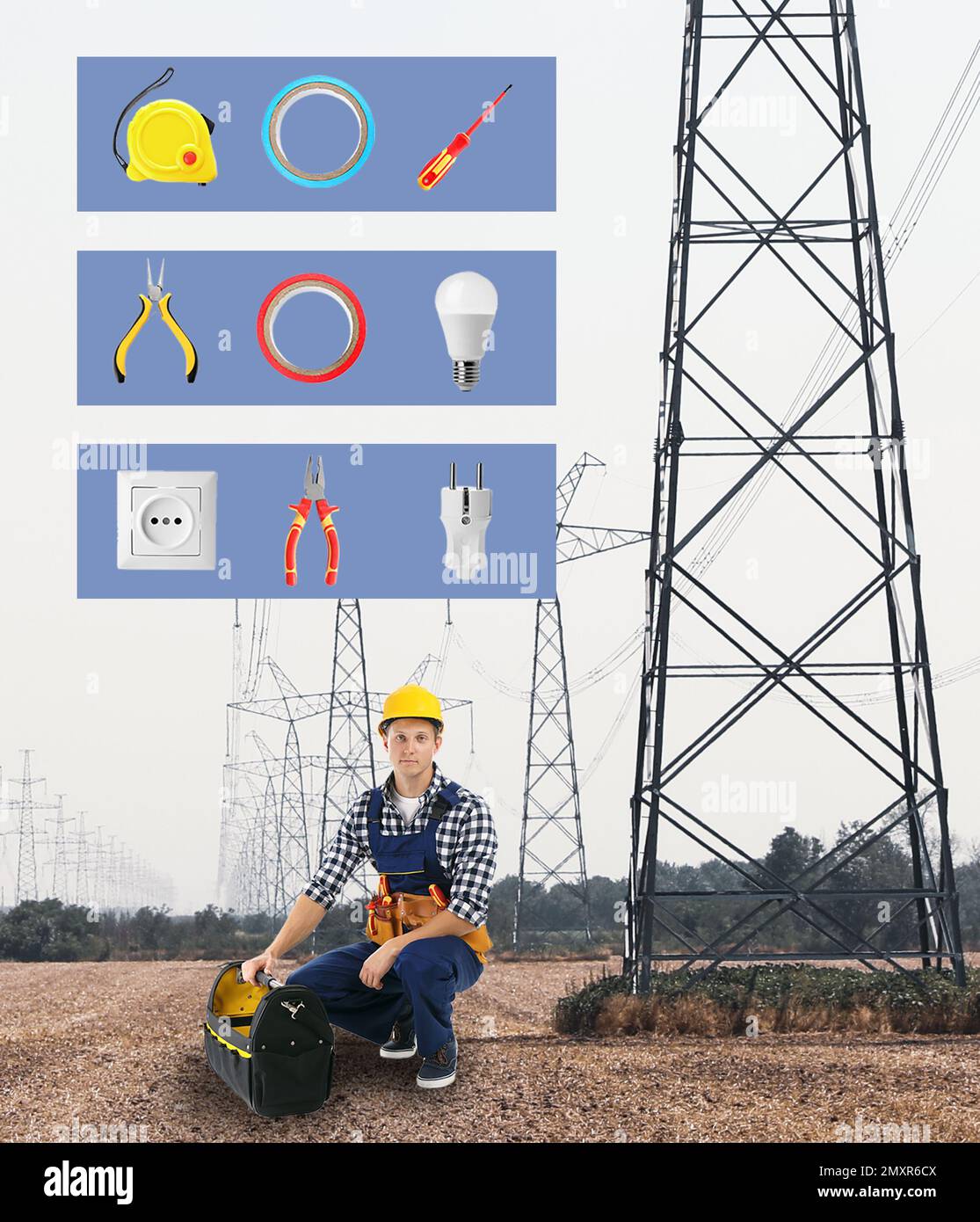 Set of tools over young electrician in field Stock Photo - Alamy
