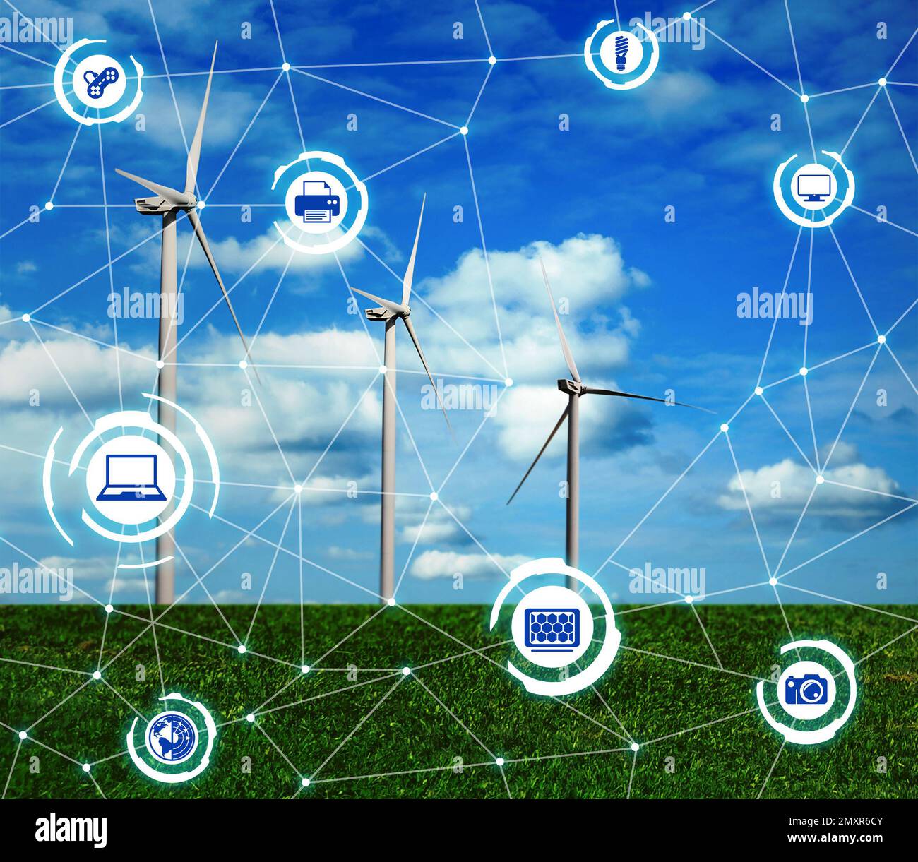 Alternative energy source. Wind turbines in field under blue sky and ...