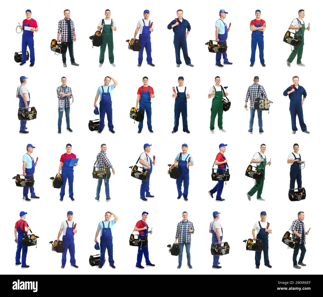 Collage with photos of plumbers on white background Stock Photo - Alamy