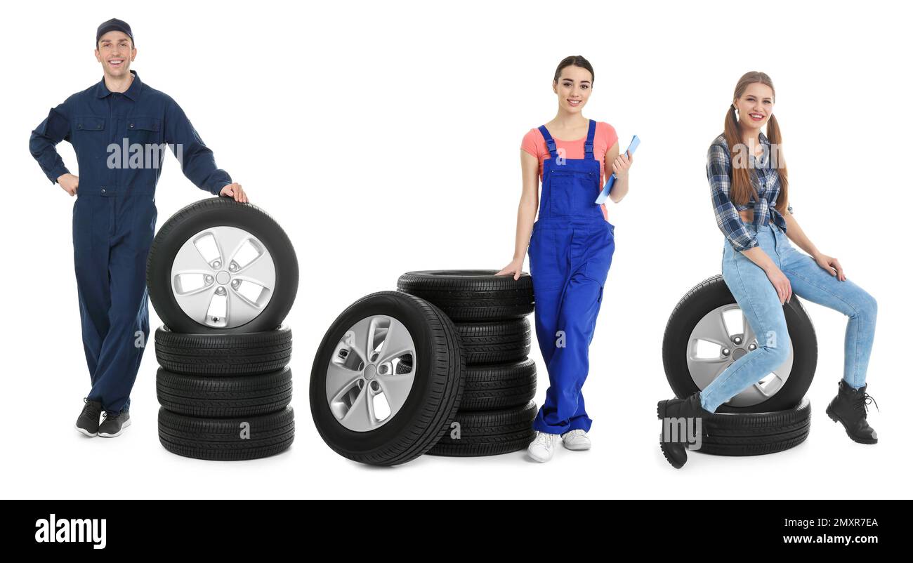 Collage with photos of young mechanics and tires on white background ...