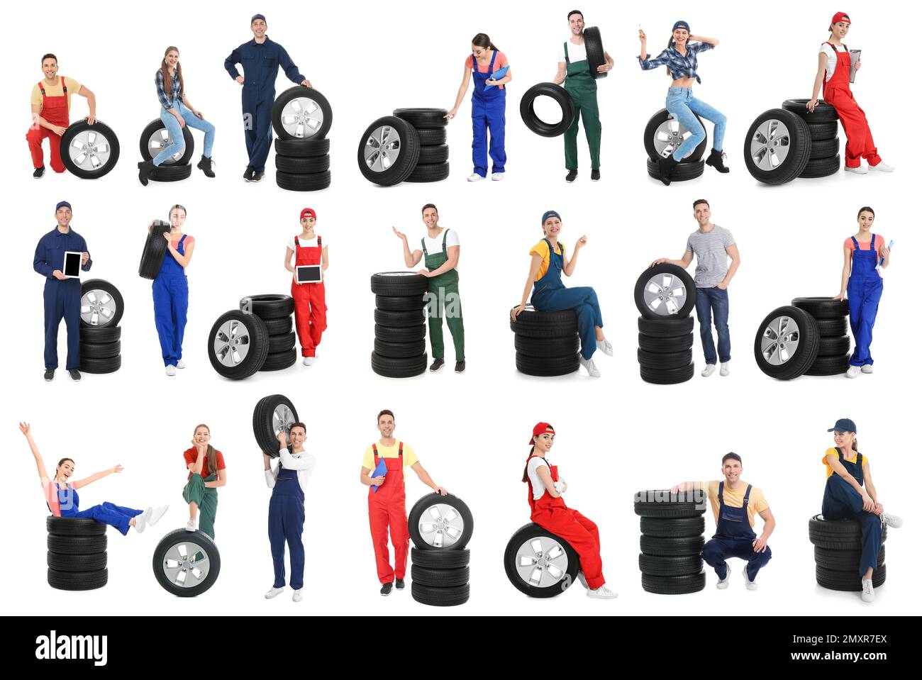 Collage with photos of young mechanics and tires on white background ...