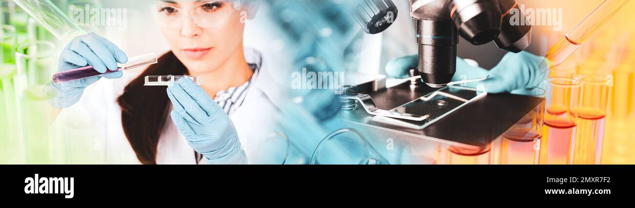 Multiple exposure of scientist, microscope and test tubes, banner ...