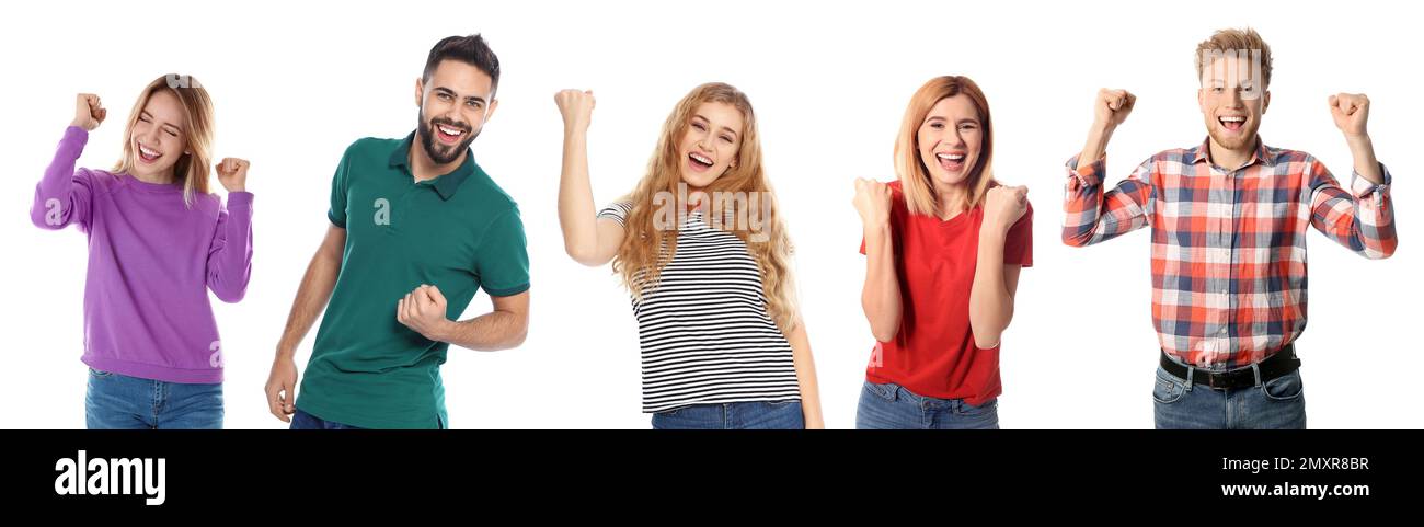 Collage with photos of happy people celebrating victory on white ...