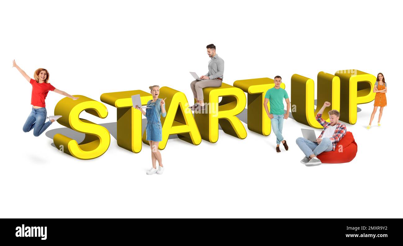 Group of young people and phrase START UP on white background Stock ...